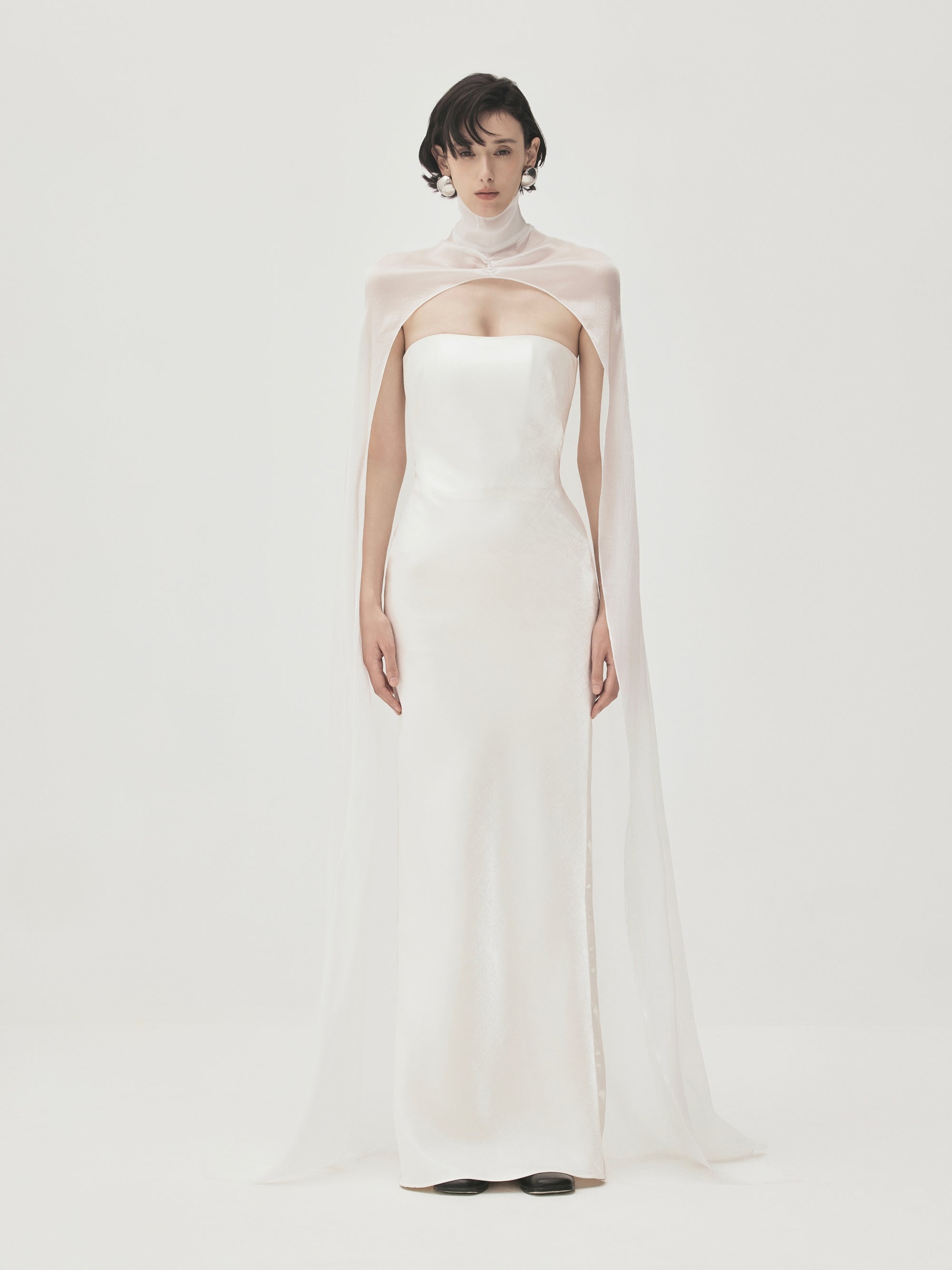 Women's Suong Trapezoid High Neck Organza Floor Length Cape XS/S/M/L/XL ...