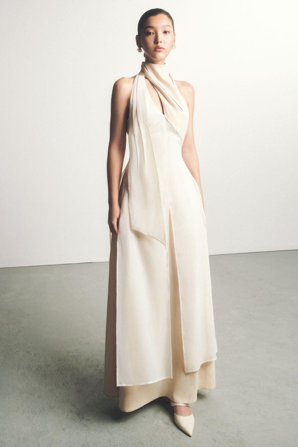 Women's Yen Layered High Neck Floss Silk Ankle Length Dress XS/S/M/L/XL ...